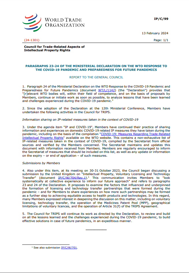 WTO charts a course for addressing the role of IP in the preparedness ...
