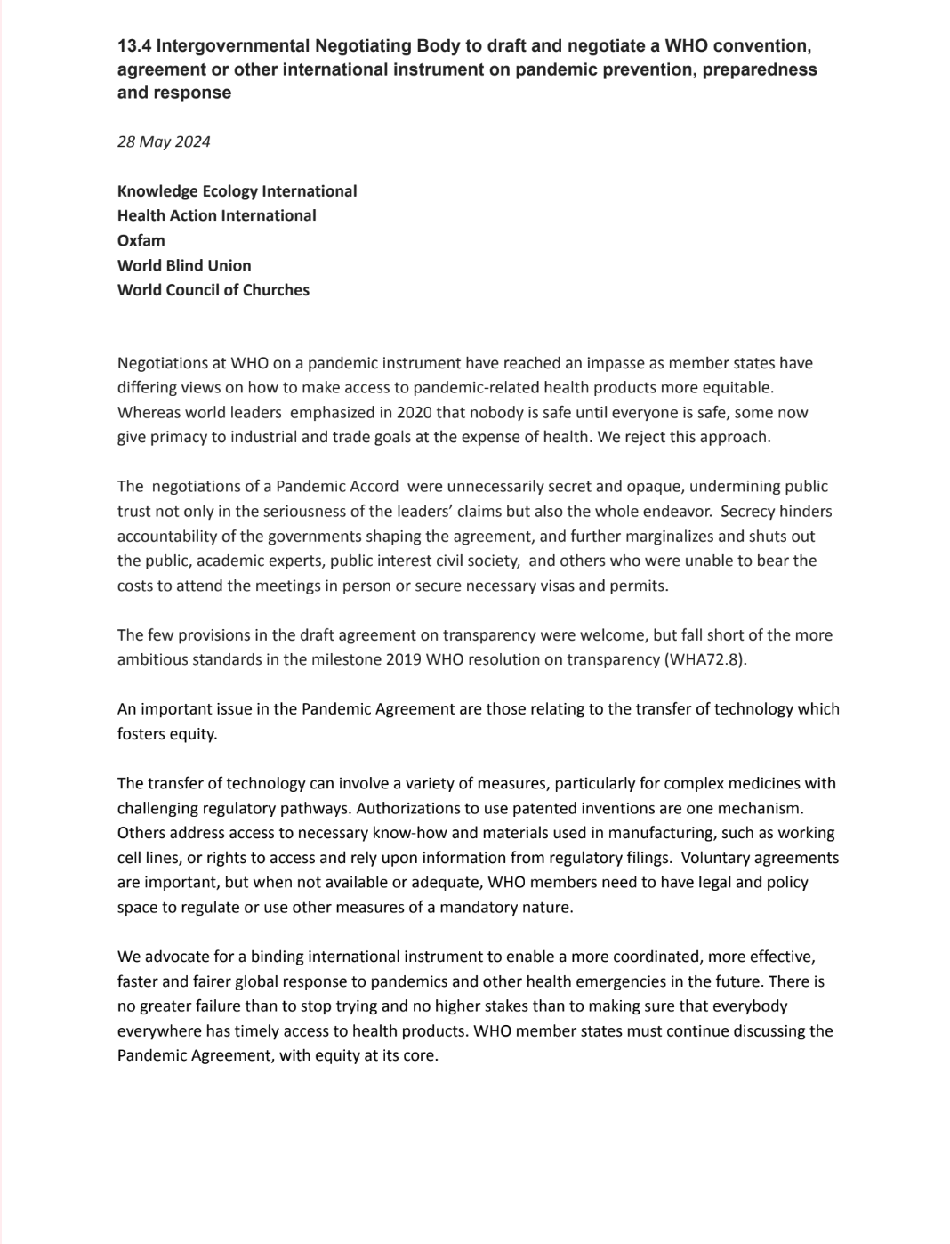 WHA 77 – Constituency statement of Knowledge Ecology International ...
